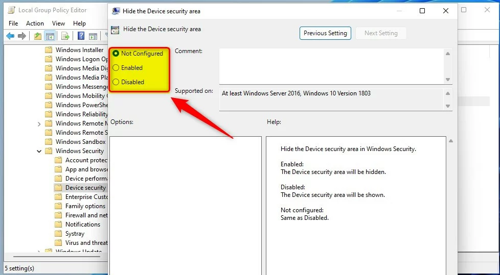 So verstecken oder zeigen Sie den Abschnitt „Gerätesicherheit“ der ...