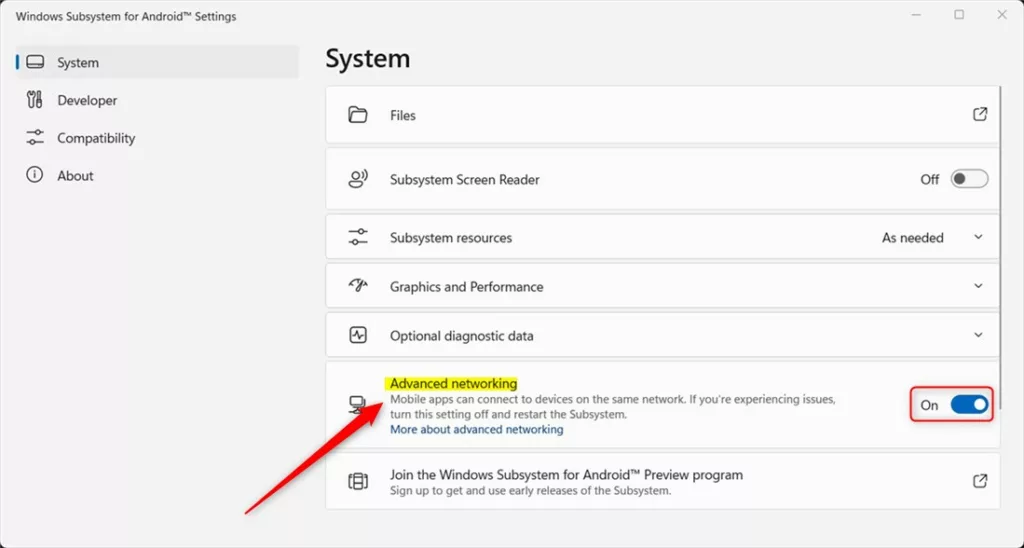 Cómo habilitar o deshabilitar las redes avanzadas de WSA en Windows 11 - All Things Windows