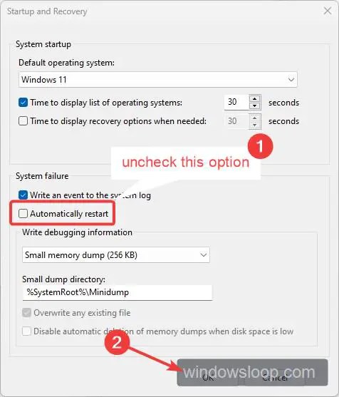 Windows 11 Deshabilite El Reinicio Automático En Caso De Falla Del