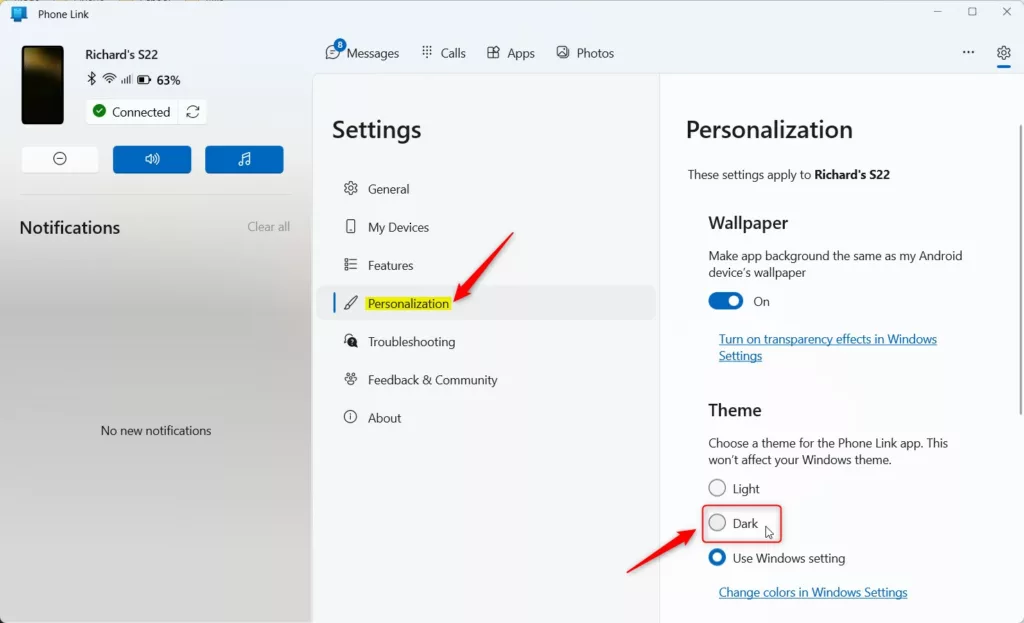 Comment activer ou désactiver le mode sombre dans l'application Phone Link sous Windows 11 - All ...