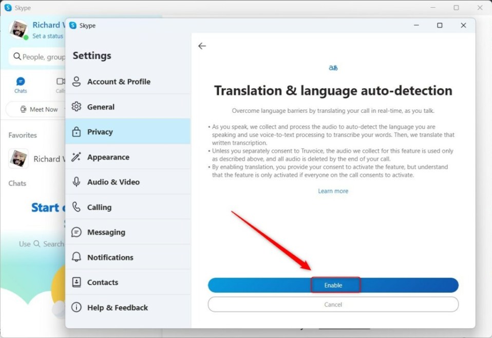 A „Fordítás és nyelv automatikus felismerése" be-és kikapcsolása a Skype-ban Windows 11 ...