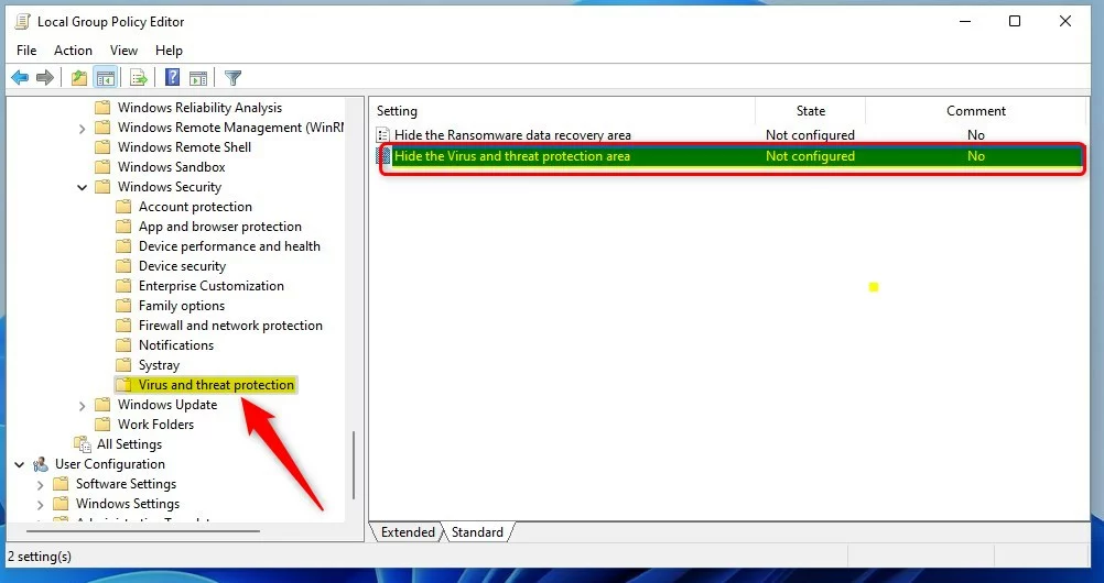 Si të fshihni ose shfaqni seksionin e mbrojtjes nga viruset dhe kërcënimet e aplikacionit ...